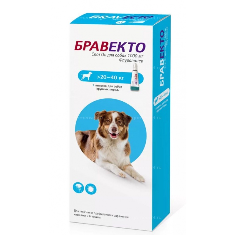Бравекто Спот Он для собак от 20 до 40 кг, 1000 мг (1 пип/уп) купить в ...